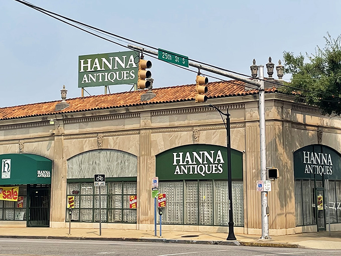 "Welcome to the time machine!" Hanna Antiques Mall's grand facade beckons you into a world where every era is just a step away. It's like Downton Abbey meets The Jetsons! 