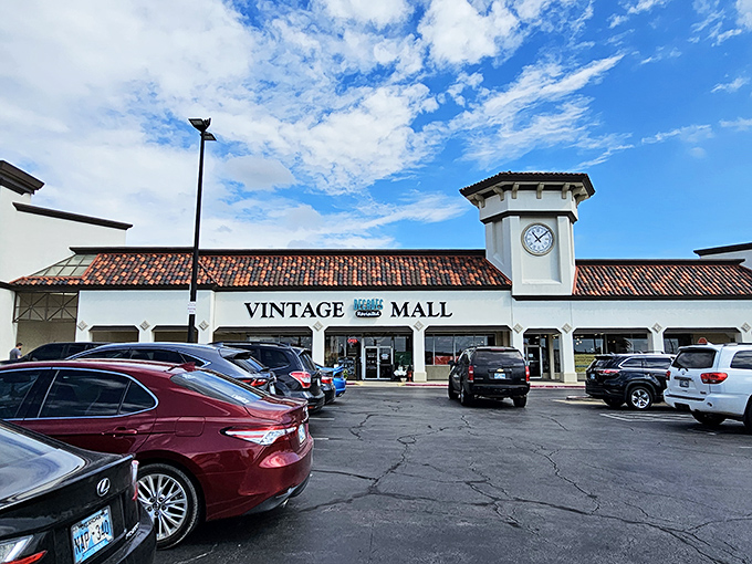 Welcome to the time machine! This vintage mall's exterior promises a journey through decades, complete with a charming clock tower that's seen more trends than a fashion magazine.