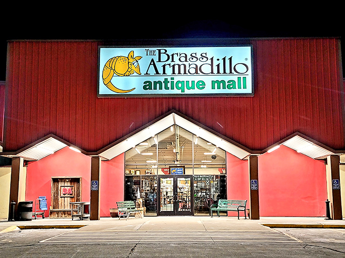 Welcome to the Brass Armadillo, where time travel is just a step through these red doors! This antique mall is like a giant, friendly barn filled with treasures.
