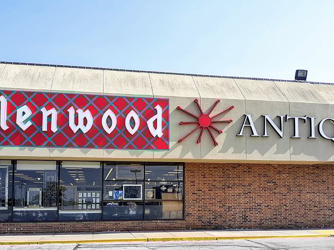 Welcome to the time warp! Glenwood Antique Mall's exterior promises a journey through decades, with its retro sign beckoning treasure hunters and nostalgia seekers alike.