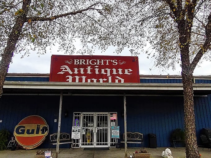 A blue oasis of nostalgia beckons! Bright's Antique World stands tall, its vintage Gulf sign a beacon for treasure hunters and time travelers alike.