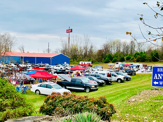 A blue oasis of nostalgia beckons! Bright's Antique World stands tall, its vintage Gulf sign a beacon for treasure hunters and time travelers alike.