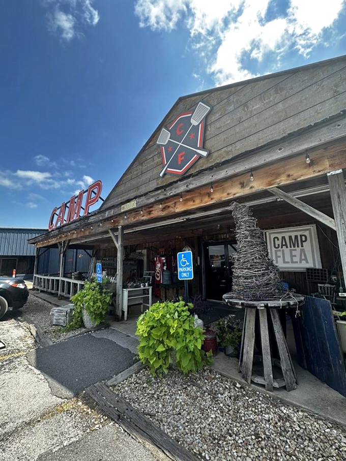 Welcome to Camp Flea, where nostalgia meets retail therapy! This rustic facade promises a treasure trove of memories waiting to be rediscovered inside.