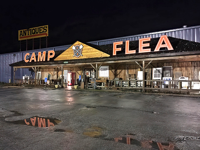 Welcome to Camp Flea, where nostalgia meets retail therapy! This rustic facade promises a treasure trove of memories waiting to be rediscovered inside.