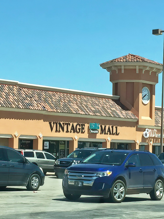 Welcome to the time machine! Decades Revisited's exterior promises a journey through the ages, with its Spanish-style roof and clock tower standing sentinel over vintage treasures.