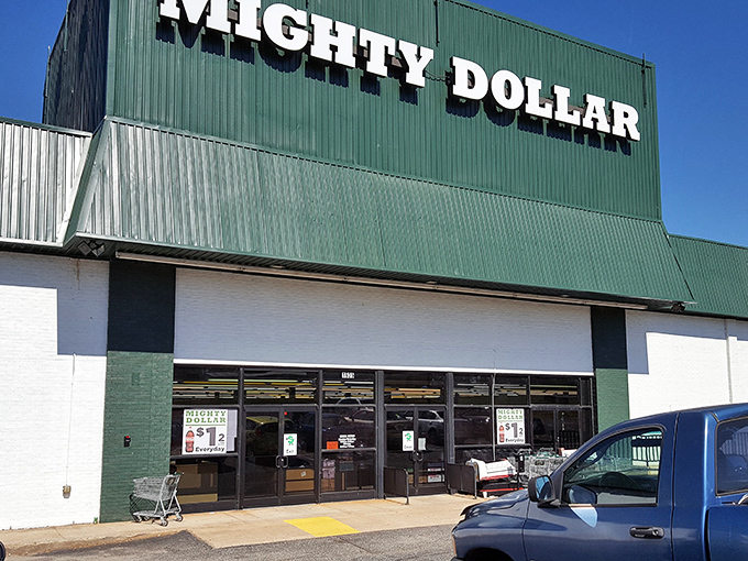 Welcome to the Taj Mahal of thrift! Mighty Dollar's exterior promises a treasure trove of bargains that'll make your wallet do a happy dance.