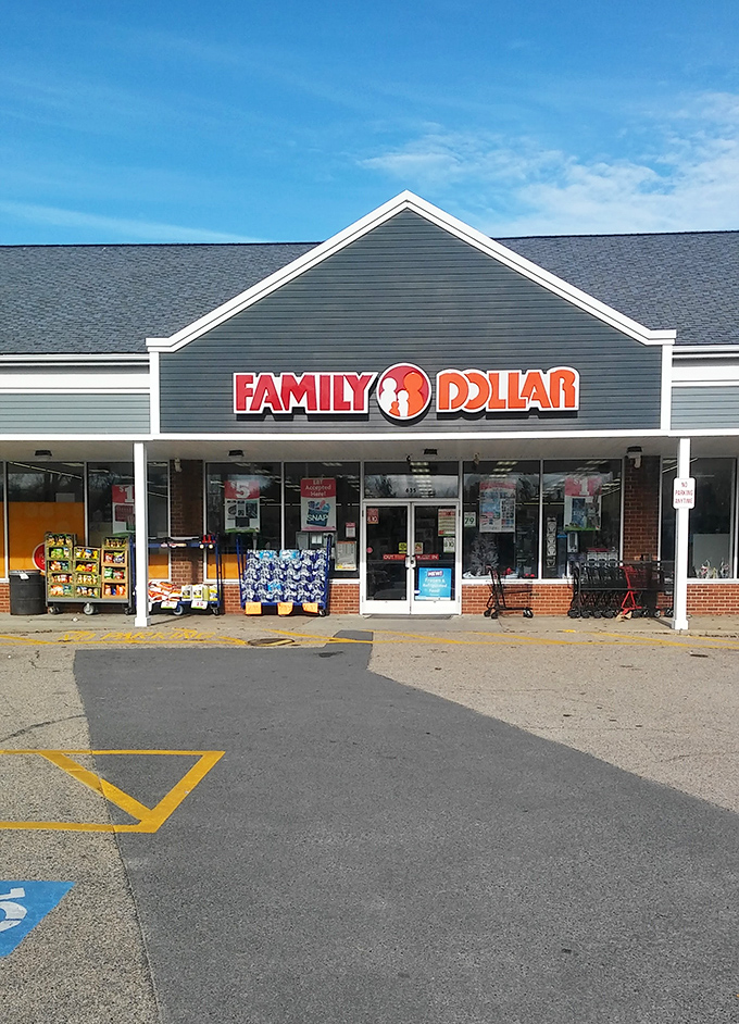The unassuming facade of Family Dollar in Coventry stands ready to welcome bargain hunters under that classic New England blue sky.