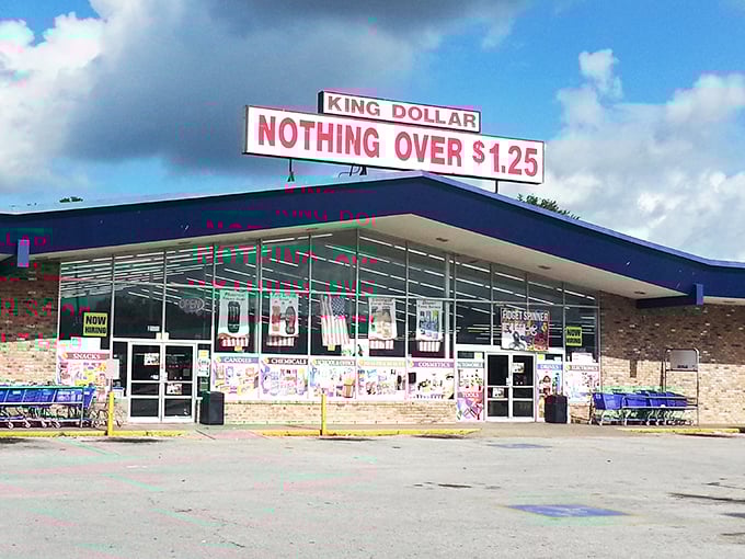 Welcome to bargain heaven! King Dollar's bold blue facade promises a treasure trove of deals that'll make your wallet do a happy dance.