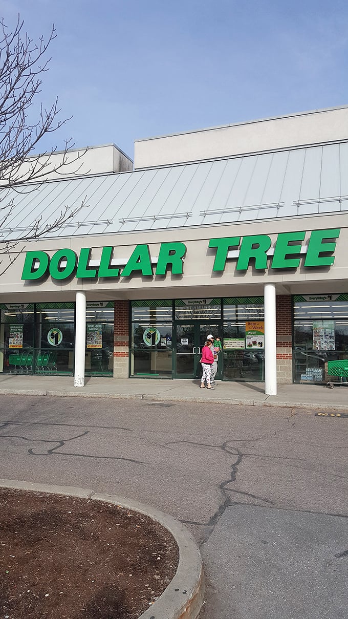 The iconic green Dollar Tree sign beckons like a budget-friendly lighthouse guiding thrifty Vermonters safely to shore.