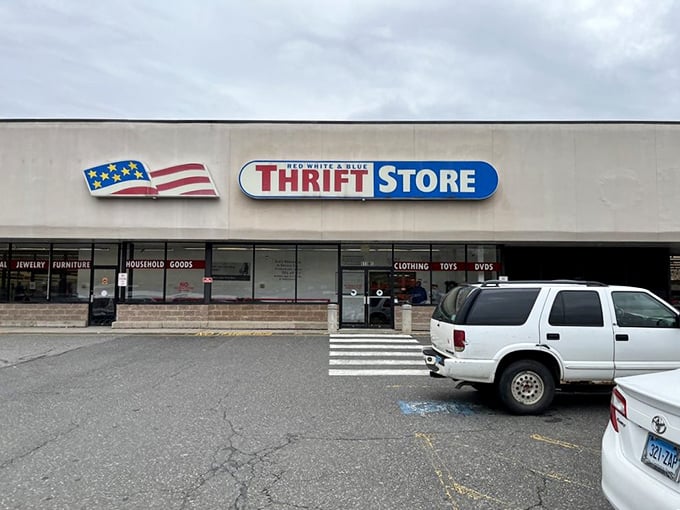"Welcome to the treasure trove! This patriotic facade promises a day of bargain-hunting adventures that'll make your wallet salute with joy." 