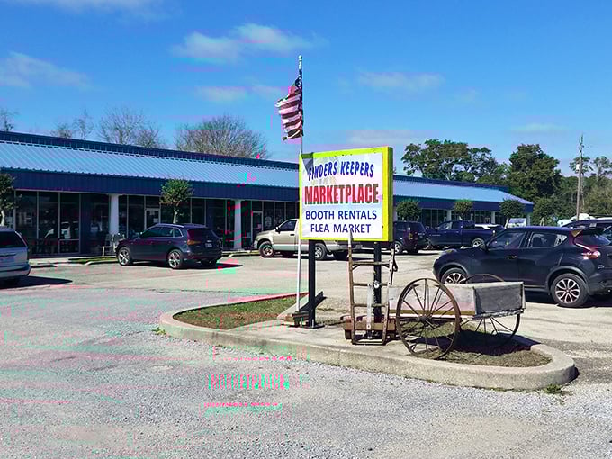 Welcome to the Promised Land of Bargains! Finders Keepers' blue exterior beckons like a siren song to thrift-loving souls.