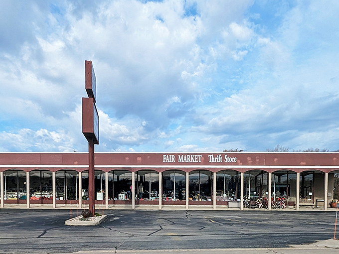 Welcome to the Taj Mahal of thrift stores! Fair Market's expansive storefront stretches out like a red-carpeted runway for bargain hunters.