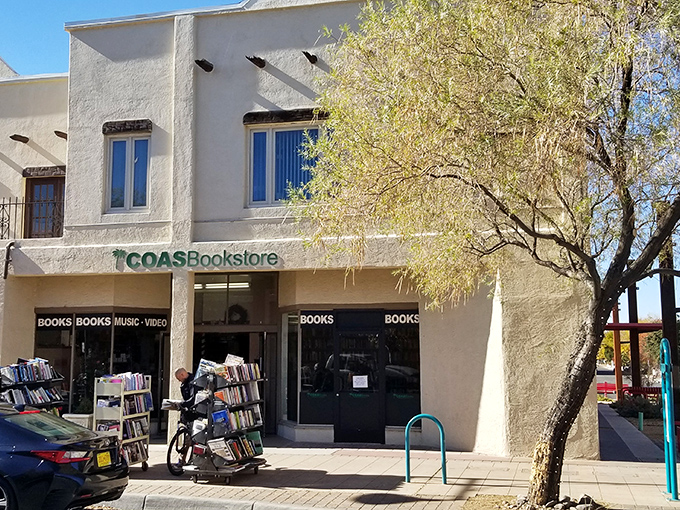A bookworm's oasis in the desert! COAS Books stands proud against the New Mexico sky, promising literary adventures within its adobe walls.