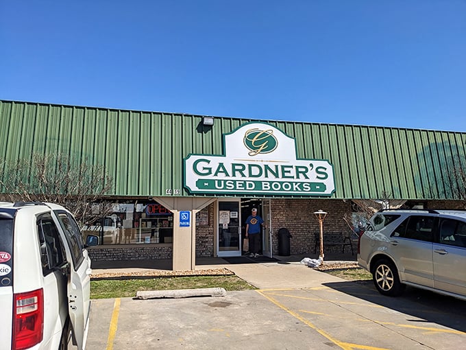 Welcome to Gardner's Used Books, where literary dreams come true! This unassuming green facade hides a world of wonder waiting to be explored.