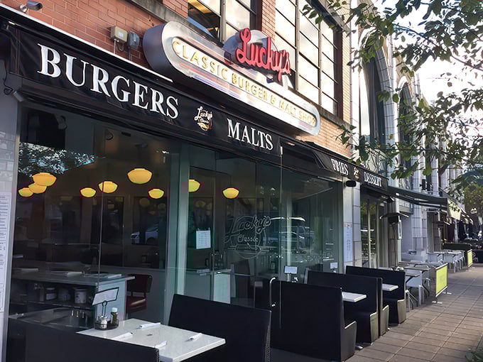 Step into a time machine disguised as a diner! Lucky's exterior promises a journey back to the golden age of burgers and shakes.