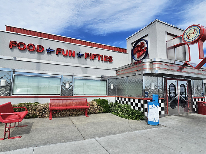 Step into a time machine disguised as a diner! This retro facade promises a journey back to the fabulous fifties, complete with chrome, neon, and nostalgia.