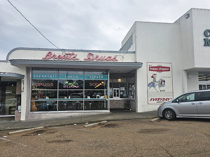 Step into a time machine disguised as a diner! Brent's Drugs' retro facade promises a journey back to the days when soda jerks ruled and calories didn't count.