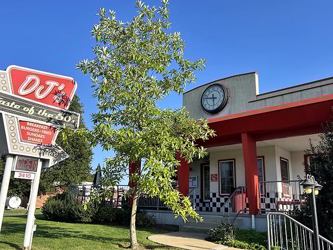 Welcome to the land that time forgot&mdash;and taste buds remember! DJ's exterior is like a portal to the 1950s, complete with cherry-red awning and checkered charm.