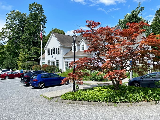 A slice of Americana awaits! This charming exterior, with its red-checkered trim and inviting patio, promises comfort food that'll warm your soul. 
