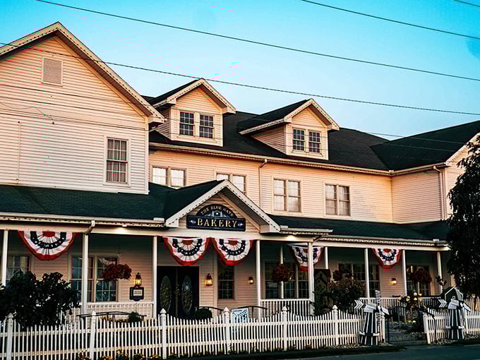 A slice of Americana with a side of pie! The Blue Gate Restaurant's charming exterior promises comfort food and warm hospitality, wrapped in a cozy small-town embrace.