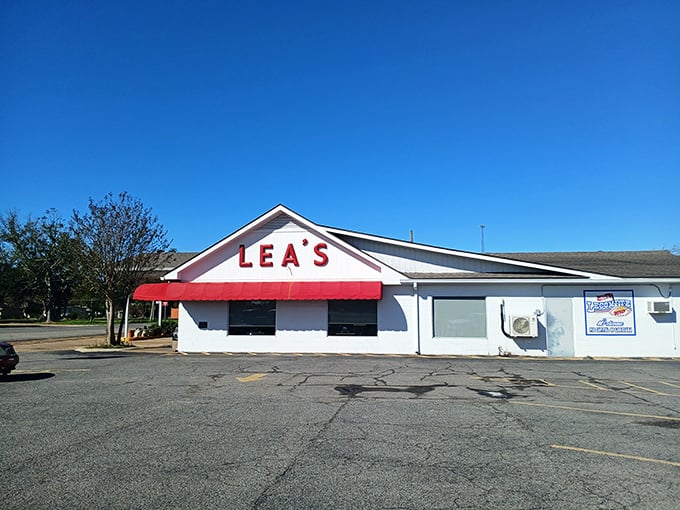 Welcome to pie paradise! Lea's Lunchroom stands proud, its red awning a beacon of hope for hungry travelers and locals alike.