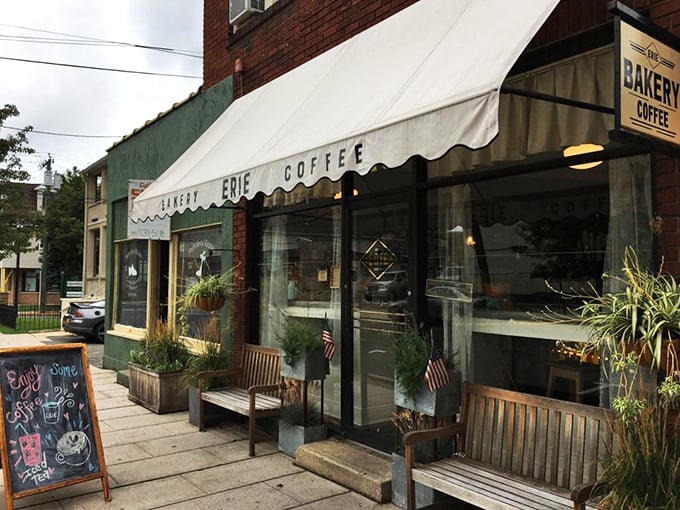 Welcome to Erie Coffeeshop & Bakery, where the awning promises coffee but the aroma whispers, "Stay for the pie!" This charming storefront could be the set of a Hallmark movie – only the treats inside are far more memorable.