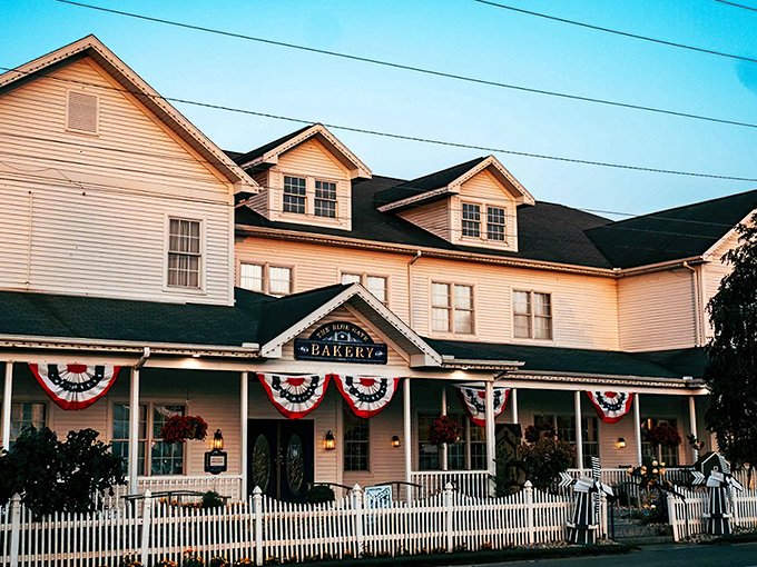A slice of Americana with a side of pie! The Blue Gate Restaurant's charming exterior promises comfort food and warm hospitality, wrapped in a cozy small-town embrace.