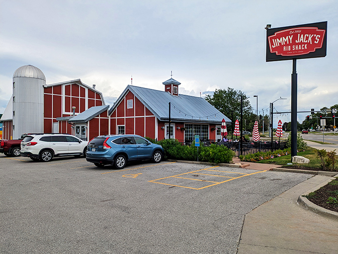 Welcome to barbecue paradise! Jimmy Jack's Rib Shack stands proud against the Iowa sky, promising smoky delights that'll make your taste buds do a happy dance.