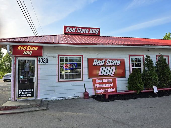 Welcome to BBQ paradise! Red State BBQ's unassuming exterior hides a world of smoky delights, proving you can't judge a book by its cover &ndash; or a restaurant by its siding.