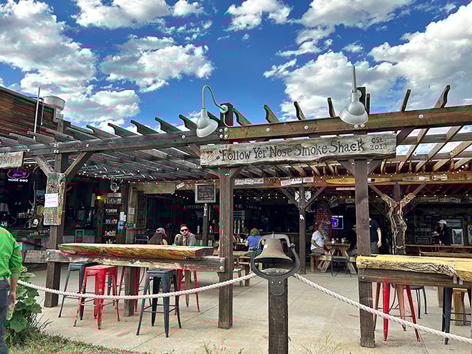 Welcome to barbecue heaven! Follow Yer' Nose BBQ's rustic exterior promises smoky delights that'll make your taste buds do a happy dance.