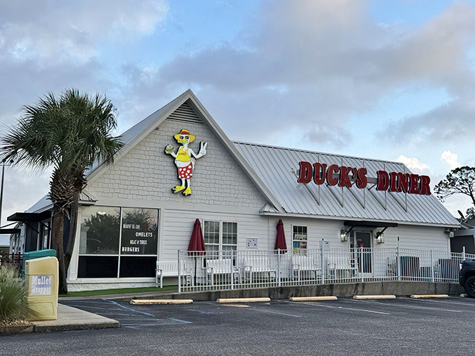 A quack-tastic welcome! Duck's Diner's cheerful exterior promises a feast that'll ruffle your feathers in the best way possible.