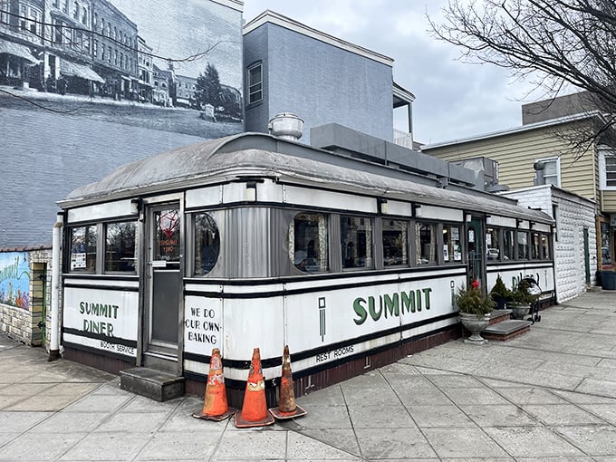 The iconic Summit Diner stands proudly on the street corner, its vintage sign a beacon to breakfast lovers seeking authentic New Jersey cuisine.