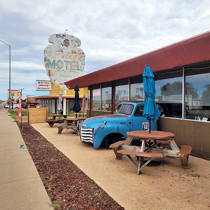 The mid-century architecture of Kix on 66 stands proudly against the New Mexico sky, a time capsule serving comfort on a plate.