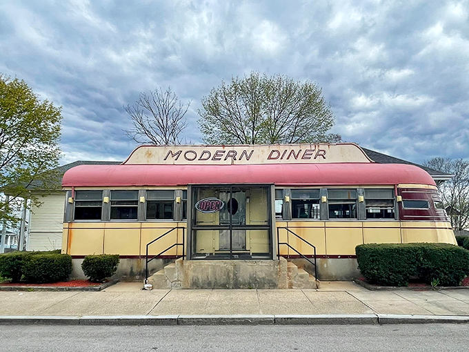 The iconic Sterling Streamliner exterior of Modern Diner stands proudly in Pawtucket, a time capsule of Americana that happens to serve incredible breakfasts.