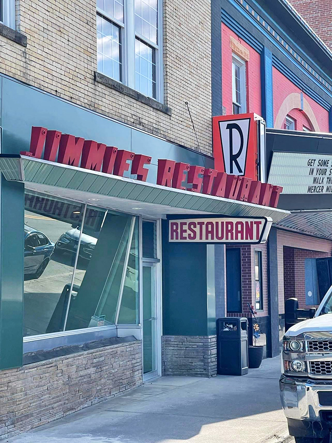The iconic red lettering of Jimmie's Restaurant stands out like a beacon of breakfast hope on Mercer Street, promising comfort food that delivers on nostalgia.