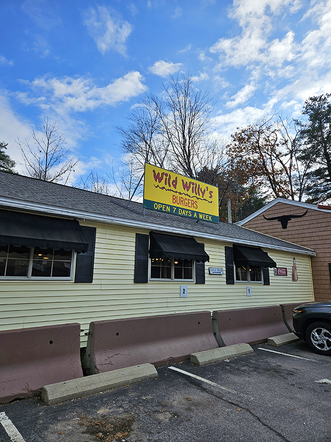 Welcome to burger paradise! Wild Willy's stands proud against the New Hampshire sky, promising a feast fit for a cowboy &ndash; or anyone with taste buds.