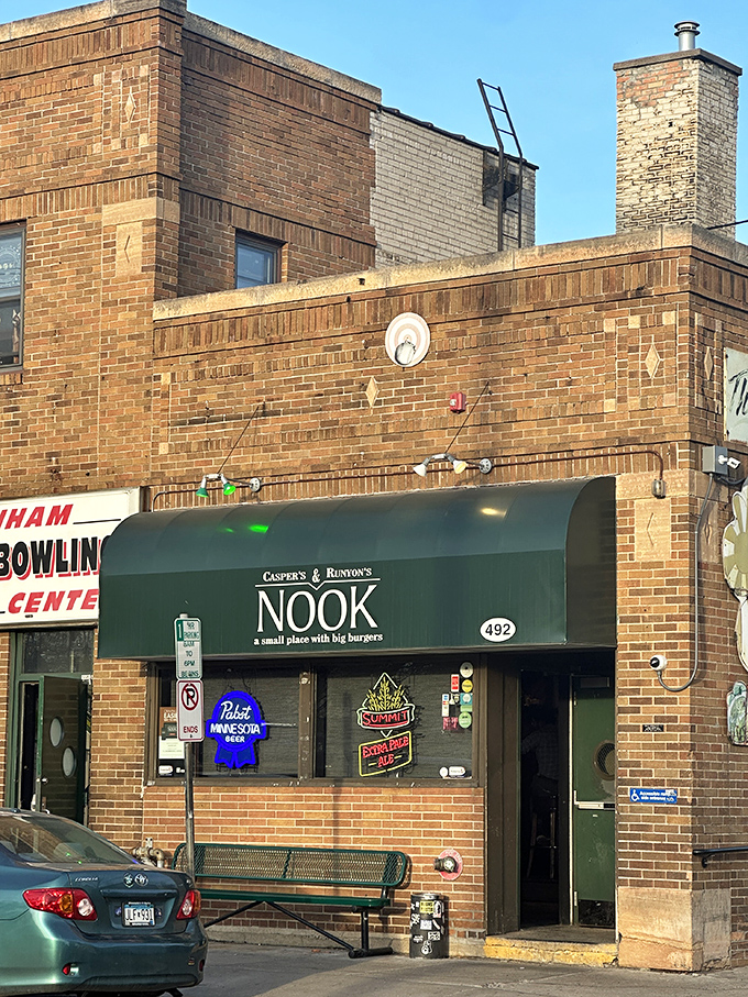 "A small place with big burgers" - The Nook's storefront promises a cozy adventure for your taste buds. It's like finding a treasure chest, but instead of gold, it's filled with juicy patties.