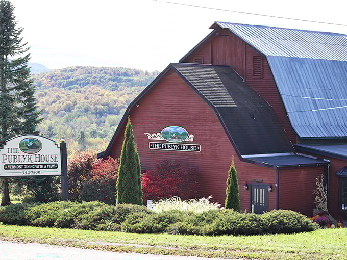 A barn-raising good time! The Publyk House stands tall, its red exterior a beacon for hungry travelers seeking a taste of Vermont charm.