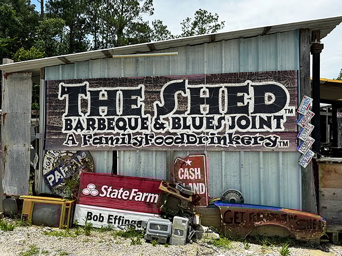 Welcome to barbecue wonderland! The Shed's exterior is a delightful mishmash of signs, statues, and Southern charm that'll make you grin before you even step inside.