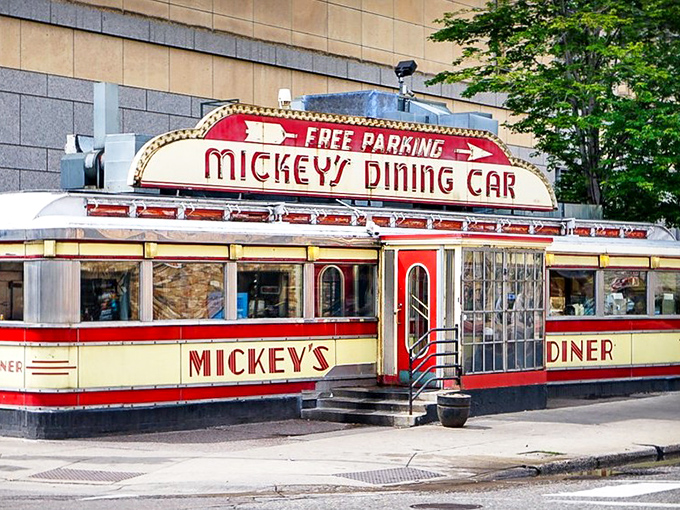 All aboard the flavor express! Mickey's Dining Car stands proud, a gleaming beacon of comfort food and nostalgia in the heart of St. Paul.