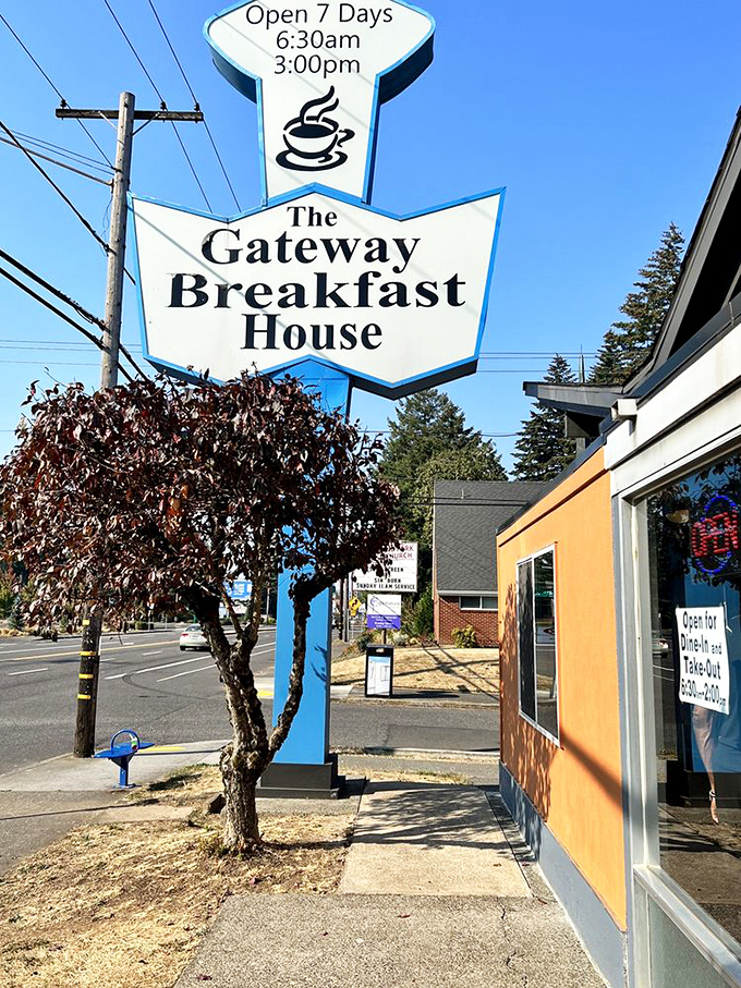 The iconic blue arrow sign beckons hungry Portlanders like a breakfast lighthouse. Some landmarks guide ships; this one guides empty stomachs.