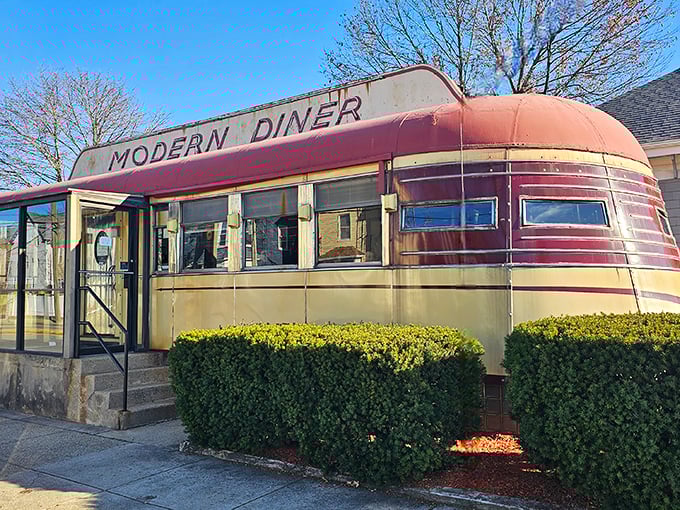 The iconic Sterling Streamliner exterior of Modern Diner stands proudly in Pawtucket, a time capsule of Americana that happens to serve incredible breakfasts.