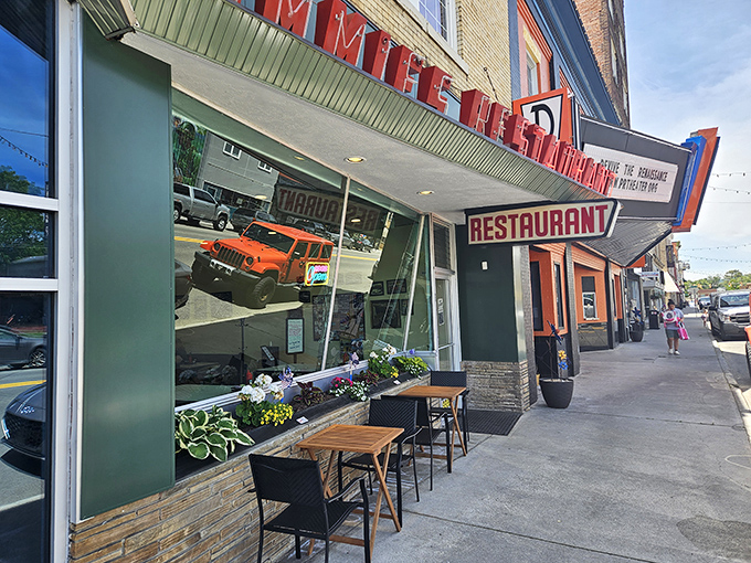 The iconic red lettering of Jimmie's Restaurant stands out like a beacon of breakfast hope on Mercer Street, promising comfort food that delivers on nostalgia.