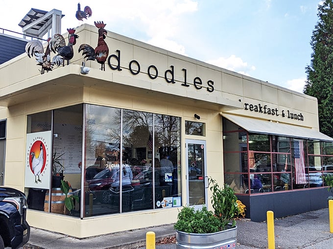 Roosters on the roof? It's not a barnyard, it's breakfast heaven! Doodles' cheerful exterior promises comfort food that'll make you crow with delight.