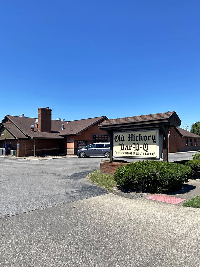The rustic wooden exterior of Old Hickory Bar-B-Q stands like a beacon to barbecue pilgrims, its sign promising "Five Generations of Quality Bar-B-Q."
