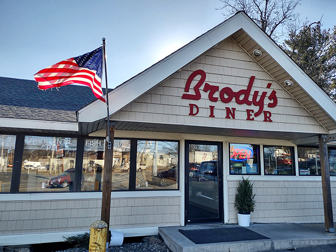 Welcome to comfort food paradise! Brody's Diner stands proud, its red lettering a beacon for hungry souls seeking breakfast bliss.