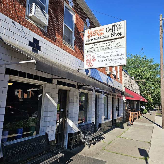 A brick-and-mortar time machine! This unassuming facade hides a treasure trove of comfort food that'll transport you back to simpler times.
