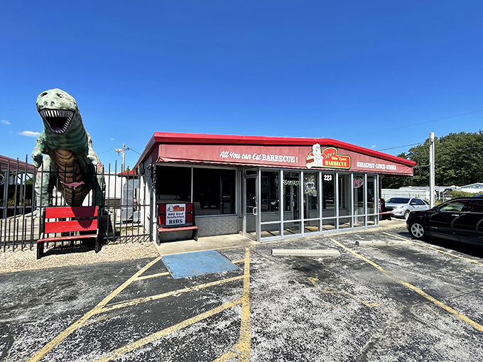 Look for the dinosaur! Sam's Olde Tyme Hamburgers & Barbecue announces its presence with prehistoric flair, promising adventures in comfort food.