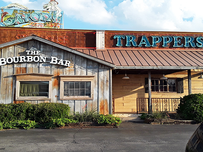Rustic charm meets culinary adventure! Trapper's weathered exterior promises a journey into Oklahoma's flavorful frontier, where bourbon flows and appetites are conquered.