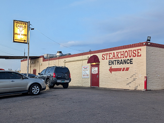 Welcome to the time machine! Monte Carlo's exterior promises a journey back to when steaks were king and martinis flowed freely.